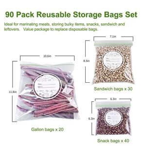 Reusable Food Storage Bags - 90 Pack BPA Free Reusable Freezer Bags(20 Gallon, 30 Reusable Sandwich Bags, 40 Reusable Snack Bags)Leakproof Freezer Safe Bag for Meat Fruit Vegetable