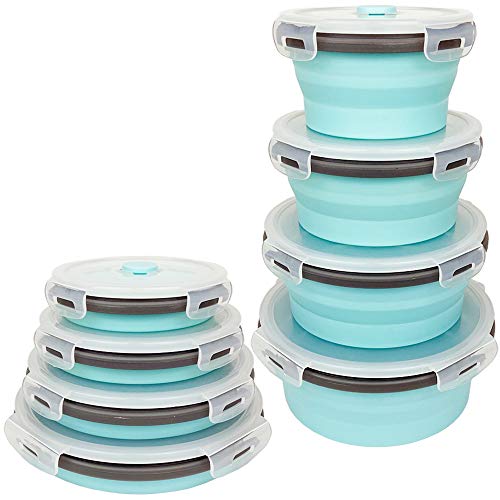 CARTINTS Blue Collapsible Bowls Silicone Food Storage Containers Silicone Camping Bowls with Airtight Lids, Microwave and Freezer Safe, Set of 4