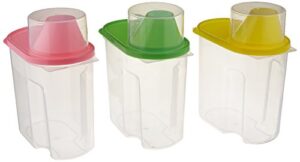 basicwise small bpa -free plastic food saver, kitchen food cereal storage containers with graduated cap, set of 3, green, pink, and yellow (qi003216.3s)