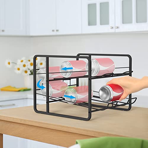 CASAVIDA 2-Tier Fridge Soda Can Organizer, Stackable Beverage Can Rack Dispenser Rolling Food Can Organizer Holder for Pantry Refrigerator Cabinet, Black