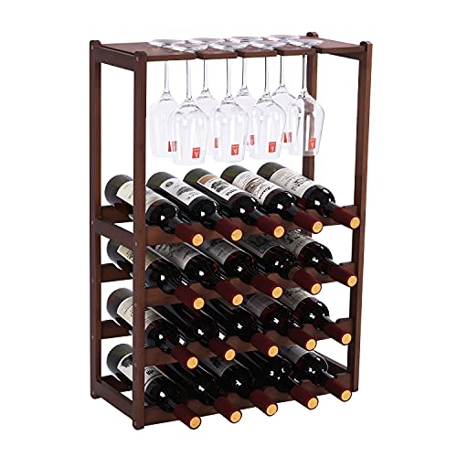 Wine Rack Free Standing 20 Bottles with 8 Glasses Holder,Bamboo Wine Storage Shelf for Home Kitchen Pantry Wine Cellar Organizer Display Stand for Wine Lover