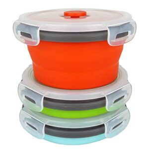 ecomorning 3piece round collapsible lunch container silicone food storage containers collapsible camping bowl with airtight silicone lids, microwave, & freezer safe, 350ml