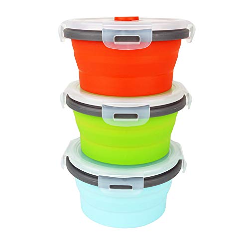 ECOmorning 3Piece Round Collapsible Lunch Container Silicone Food Storage Containers Collapsible Camping Bowl with Airtight Silicone Lids, Microwave, & Freezer Safe, 350ML