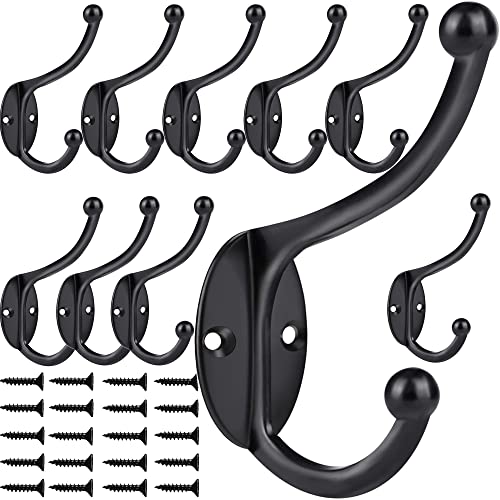 ZEYU Wall Hooks, 10Pcs Coat Hooks Hardware Towel Hooks for Hanging Coats Double No Rust Black Robe Hooks Wall Mounted with Screws for Key, Towel, Bags, Cup, Hat