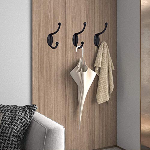 ZEYU Wall Hooks, 10Pcs Coat Hooks Hardware Towel Hooks for Hanging Coats Double No Rust Black Robe Hooks Wall Mounted with Screws for Key, Towel, Bags, Cup, Hat