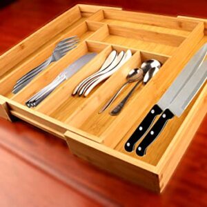 GOGOUP Bamboo Expandable Drawer Organizer for Utensils Holder, Adjustable Cutlery Tray Wood Drawer Dividers Organizer for Silverware Flatware Knives in Kitchen Bedroom Living Room