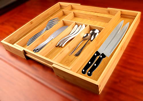 GOGOUP Bamboo Expandable Drawer Organizer for Utensils Holder, Adjustable Cutlery Tray Wood Drawer Dividers Organizer for Silverware Flatware Knives in Kitchen Bedroom Living Room