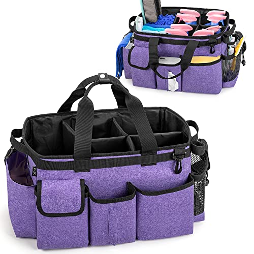 LoDrid Large Wearable Cleaning Caddy Bag with Detachable Divider, Cleaning Organizer with Handles, Cleaning Supply Tote with Adjustable Shoulder Strap for Cleaners & Housekeepers, Purple