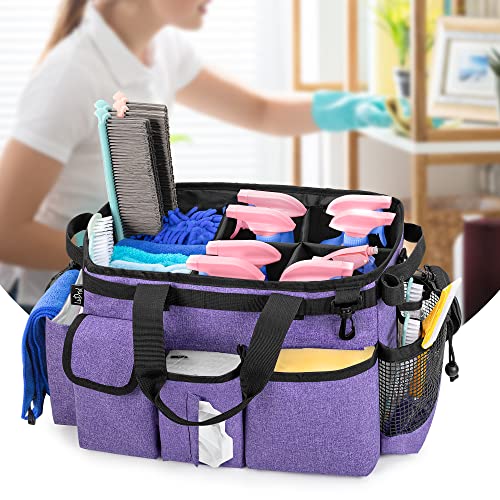 LoDrid Large Wearable Cleaning Caddy Bag with Detachable Divider, Cleaning Organizer with Handles, Cleaning Supply Tote with Adjustable Shoulder Strap for Cleaners & Housekeepers, Purple