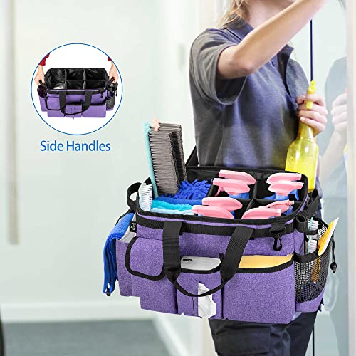 LoDrid Large Wearable Cleaning Caddy Bag with Detachable Divider, Cleaning Organizer with Handles, Cleaning Supply Tote with Adjustable Shoulder Strap for Cleaners & Housekeepers, Purple