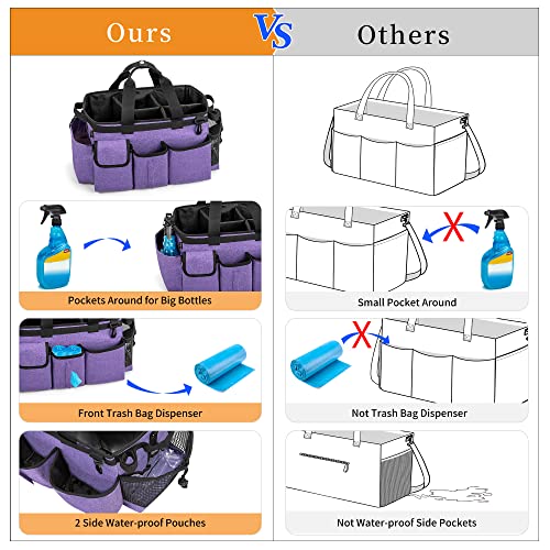 LoDrid Large Wearable Cleaning Caddy Bag with Detachable Divider, Cleaning Organizer with Handles, Cleaning Supply Tote with Adjustable Shoulder Strap for Cleaners & Housekeepers, Purple