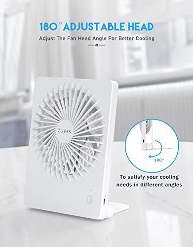 Zuvas Desk Fan Battery Operated , Rechargeable 180°Tilt Folding Personal Ultra Quiet Small Portable Fan 3 Speed Adjustable Strong Wind USB Fan For Office Bedroom Home Desktop Camping (White)