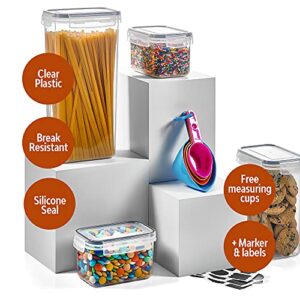 14 Pack Airtight Food Storage Container Set - BPA Free Clear Plastic Kitchen and Pantry Organization Canisters with Durable Lids for Cereal, Dry Food Flour & Sugar - Labels, Marker & Spoon Set