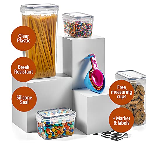 14 Pack Airtight Food Storage Container Set - BPA Free Clear Plastic Kitchen and Pantry Organization Canisters with Durable Lids for Cereal, Dry Food Flour & Sugar - Labels, Marker & Spoon Set