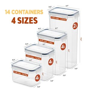 14 Pack Airtight Food Storage Container Set - BPA Free Clear Plastic Kitchen and Pantry Organization Canisters with Durable Lids for Cereal, Dry Food Flour & Sugar - Labels, Marker & Spoon Set