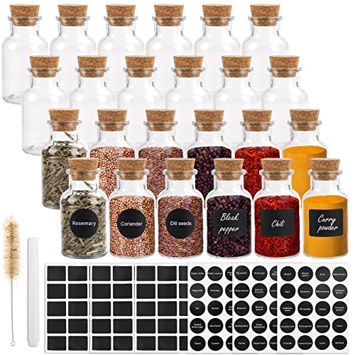 CUCUMI 24pcs 5oz Glass Jars with Cork Small Empty Glass Spice Bottles with Lids, 120pcs Waterproof Preprinted Stickers, Chalk Marker, 1pcs Test Tube Brush for Storing Tea Herbs and Spices DIY