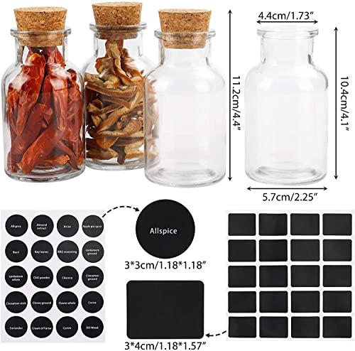 CUCUMI 24pcs 5oz Glass Jars with Cork Small Empty Glass Spice Bottles with Lids, 120pcs Waterproof Preprinted Stickers, Chalk Marker, 1pcs Test Tube Brush for Storing Tea Herbs and Spices DIY