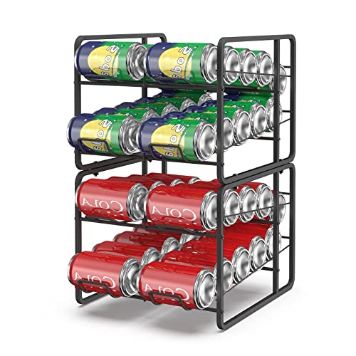 Soda Can Organizer for Pantry Refrigerator 4 Tier Soda Can Organizer for Cabinets Stackable Cola Soda Can Storage Rack Holder Dispenser for Countertop Kitchen Holds 40 Cans, Black