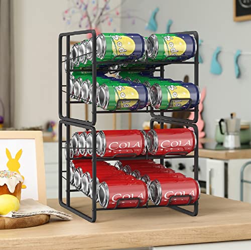 Soda Can Organizer for Pantry Refrigerator 4 Tier Soda Can Organizer for Cabinets Stackable Cola Soda Can Storage Rack Holder Dispenser for Countertop Kitchen Holds 40 Cans, Black