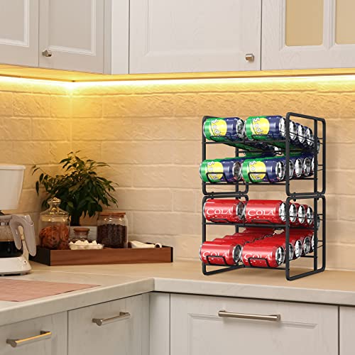 Soda Can Organizer for Pantry Refrigerator 4 Tier Soda Can Organizer for Cabinets Stackable Cola Soda Can Storage Rack Holder Dispenser for Countertop Kitchen Holds 40 Cans, Black