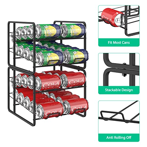 Soda Can Organizer for Pantry Refrigerator 4 Tier Soda Can Organizer for Cabinets Stackable Cola Soda Can Storage Rack Holder Dispenser for Countertop Kitchen Holds 40 Cans, Black