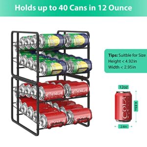 Soda Can Organizer for Pantry Refrigerator 4 Tier Soda Can Organizer for Cabinets Stackable Cola Soda Can Storage Rack Holder Dispenser for Countertop Kitchen Holds 40 Cans, Black