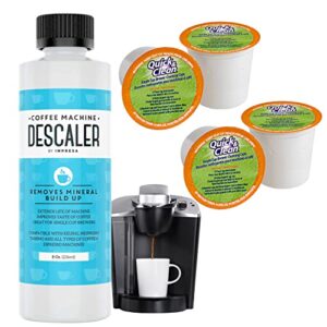 impresa cleaning and descaler kit – 2 uses per bottle plus 4 cleaning cups compatible with keurig k-cup pod machines – made in usa – universal descaling solution and stain remover