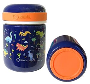 thermos for hot food, kids lunch insulated stainless steel wide mouth jar, boys soup container, toddlers day care pre-school, leakproof easy grip thermal vacuum seal 10 oz 300 ml blue orange dinosaur