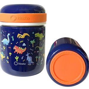 Thermos for Hot Food, Kids Lunch Insulated Stainless Steel Wide Mouth Jar, Boys Soup Container, Toddlers Day Care Pre-School, Leakproof Easy Grip Thermal Vacuum Seal 10 oz 300 ML Blue Orange Dinosaur