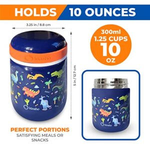 Thermos for Hot Food, Kids Lunch Insulated Stainless Steel Wide Mouth Jar, Boys Soup Container, Toddlers Day Care Pre-School, Leakproof Easy Grip Thermal Vacuum Seal 10 oz 300 ML Blue Orange Dinosaur