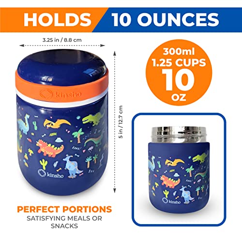 Thermos for Hot Food, Kids Lunch Insulated Stainless Steel Wide Mouth Jar, Boys Soup Container, Toddlers Day Care Pre-School, Leakproof Easy Grip Thermal Vacuum Seal 10 oz 300 ML Blue Orange Dinosaur