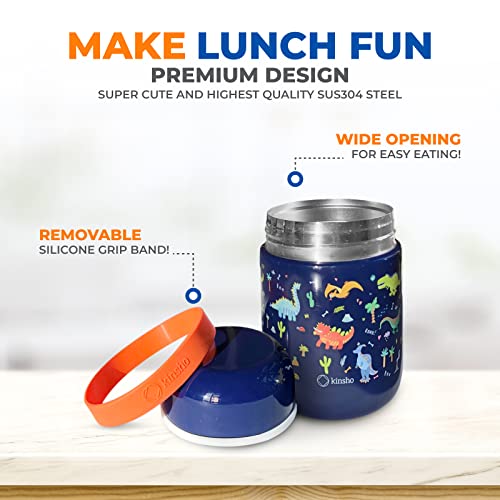 Thermos for Hot Food, Kids Lunch Insulated Stainless Steel Wide Mouth Jar, Boys Soup Container, Toddlers Day Care Pre-School, Leakproof Easy Grip Thermal Vacuum Seal 10 oz 300 ML Blue Orange Dinosaur