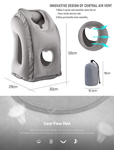 Inflatable Travel Pillow for Airplane, inflatable Neck Air Pillow for Sleeping to Avoid Neck and Shoulder Pain, Comfortably Support Head, Neck and Lumbar, Used for Airplane, Car, Bus and Office (Grey)