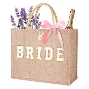 justotry bride bag – bride to be gifts natural jute large tote bag with webbed handles utility personalized canvas bag for bachelorette party bridal shower wedding gift