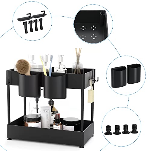 EKNITEY Under Sink Organizer Storage - 2 Tier Under Kitchen Bathroom Cabinet Storage Rack with 6 Hooks and 2 Baskets Multi-purpose Small Organizer Shelves for Bathroom Kitchen Office Black