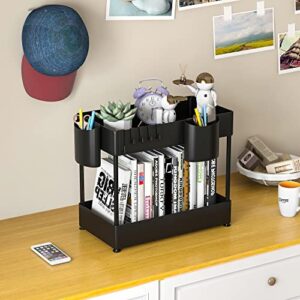 EKNITEY Under Sink Organizer Storage - 2 Tier Under Kitchen Bathroom Cabinet Storage Rack with 6 Hooks and 2 Baskets Multi-purpose Small Organizer Shelves for Bathroom Kitchen Office Black