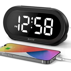 uscce small led digital alarm clock with snooze, easy to set, full range brightness dimmer, adjustable alarm volume with 5 alarm sounds, usb charger, 12/24hr, compact clock for bedrooms, bedside, desk