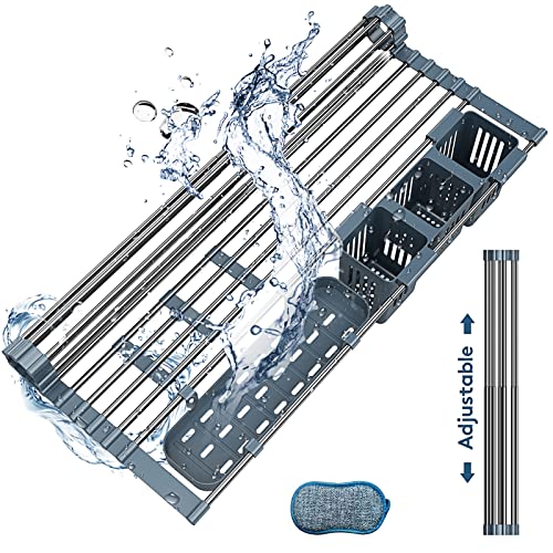 Roll Up Dish Drying Rack Over The Sink, Stainless Steel Roll Up Drain Rack, Foldable Dish Drying Rack Kitchen Roll Up Drainer (A)