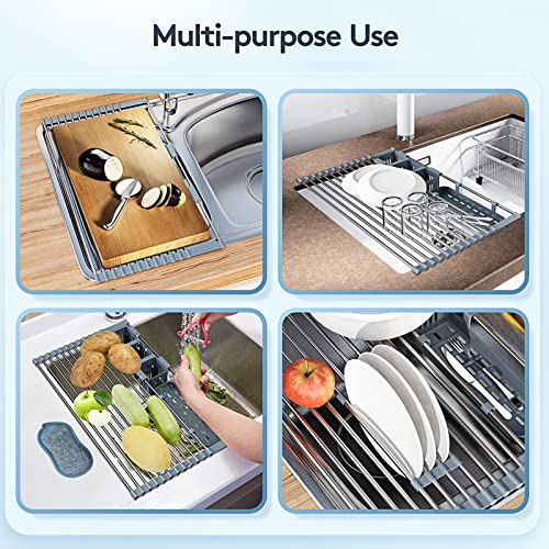 Roll Up Dish Drying Rack Over The Sink, Stainless Steel Roll Up Drain Rack, Foldable Dish Drying Rack Kitchen Roll Up Drainer (A)