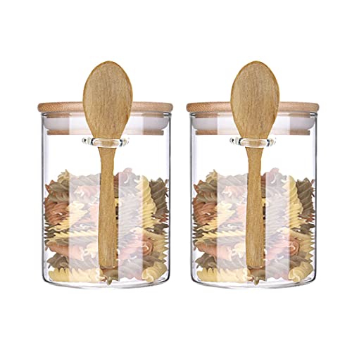 Piscepio Glass Jar Containers with Bamboo Airtight Lid Wooden Spoon Scoop Food Storage Canister Clear Glass Containers Kitchen Organization Jars 2 Pcs 18.5 OZ