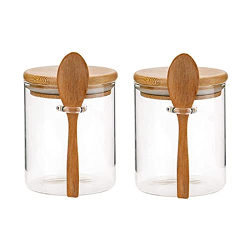 Piscepio Glass Jar Containers with Bamboo Airtight Lid Wooden Spoon Scoop Food Storage Canister Clear Glass Containers Kitchen Organization Jars 2 Pcs 18.5 OZ