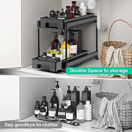 Double Sliding Cabinet Organizer, ZIZOTI Under Sink Organizers and Storage, Pull Out Under Sink Organizer, Under Cabinet Organizer Baskets with 2 Drawers, Under Sink Storage for Bathroom, Kitchen