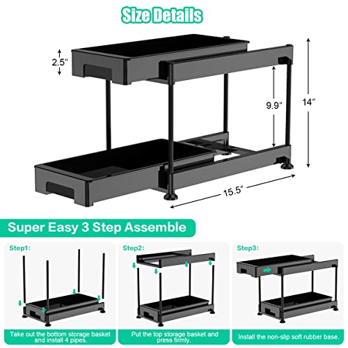 Double Sliding Cabinet Organizer, ZIZOTI Under Sink Organizers and Storage, Pull Out Under Sink Organizer, Under Cabinet Organizer Baskets with 2 Drawers, Under Sink Storage for Bathroom, Kitchen