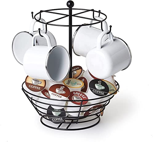 Nifty Coffee Pod & Mug Carousel – Holds 4 Cups, Capsule Storage, Spins 360-Degrees, Lazy Susan Platform, Modern Black Steel, Home or Office Kitchen Counter Organizer