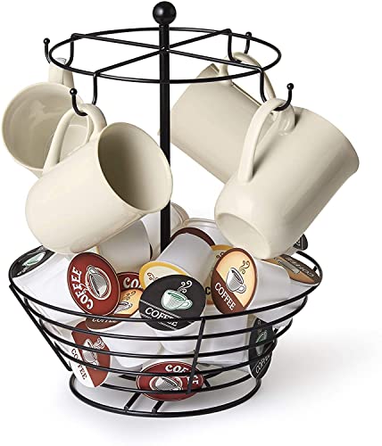 Nifty Coffee Pod & Mug Carousel – Holds 4 Cups, Capsule Storage, Spins 360-Degrees, Lazy Susan Platform, Modern Black Steel, Home or Office Kitchen Counter Organizer