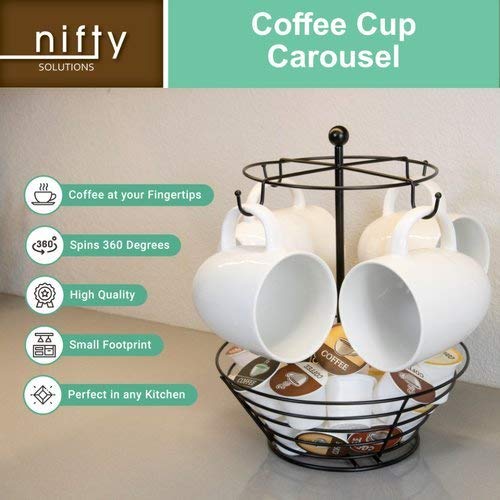 Nifty Coffee Pod & Mug Carousel – Holds 4 Cups, Capsule Storage, Spins 360-Degrees, Lazy Susan Platform, Modern Black Steel, Home or Office Kitchen Counter Organizer