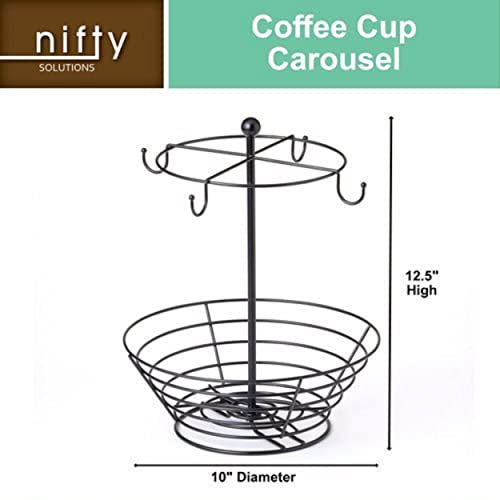 Nifty Coffee Pod & Mug Carousel – Holds 4 Cups, Capsule Storage, Spins 360-Degrees, Lazy Susan Platform, Modern Black Steel, Home or Office Kitchen Counter Organizer