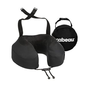 cabeau evolution s3 airplane travel neck pillow – memory foam neck support with seat strap attachment (jet black)