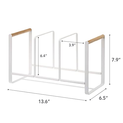 Yamazaki Plate Home Accented Storage Rack-Kitchen Holder Stand | Steel + Wood | Large | Dish Organizer, White