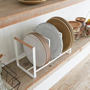 Yamazaki Plate Home Accented Storage Rack-Kitchen Holder Stand | Steel + Wood | Large | Dish Organizer, White